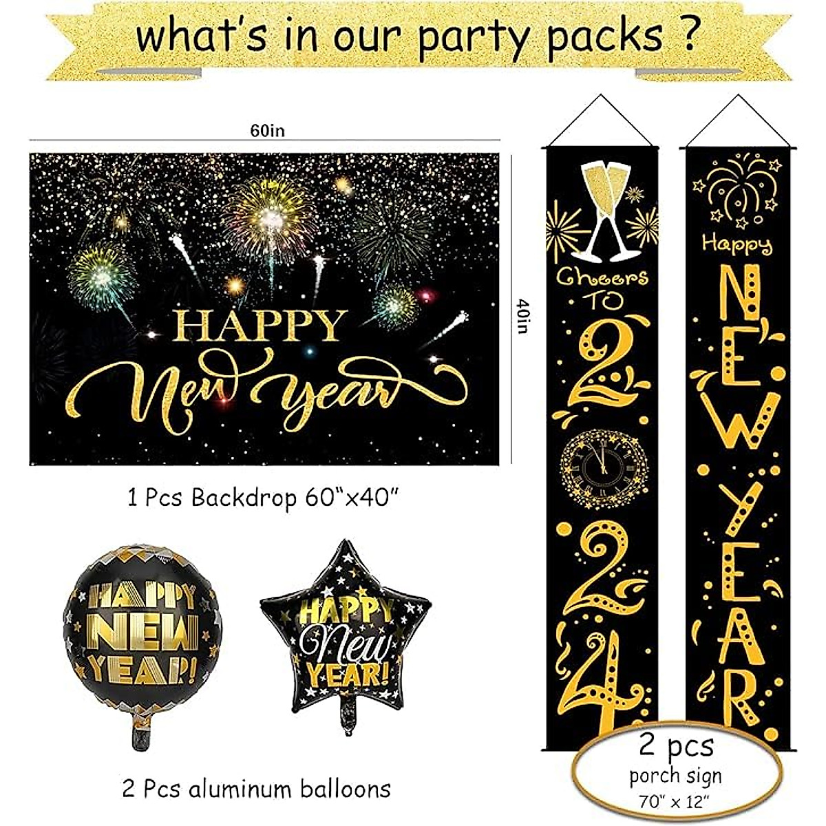 2024 Happy New Year Party Supplies, Foil Balloons Set, Happy New Year Banner, Latex Balloons, Curtains, Paper Pompoms for Home Outdoor Decor New Years Eve Party Supplies 2024, Black and Gold