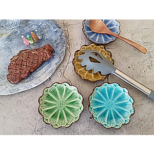 Ceramic Spoon Rest for Stove Top, Flower Cute Spoon Rest for Kitchen Counter, Cooking Spoon Holder for Kitchen Counter, Utensil Rest for Spoon Spatula Ladle or Tong, 1 PC (Ice Cracks Lake Blue)