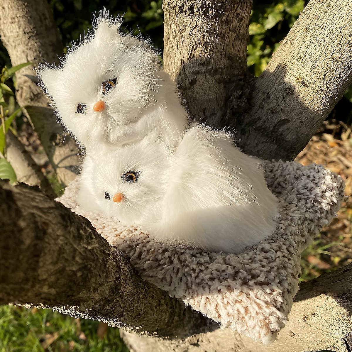 2 in 1 Simulation Furry Kittens Realistic Couple Cats on Rug/Home Shelf Car Decorative Statue - Pad Filled with Activated Carbon Beads (White)