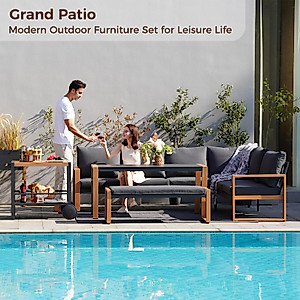 Grand patio 4-Piece Aluminum Patio Furniture Set, L Shaped Outdoor Sectional Couch with Dining Table and Bench, Modern Outdoor Conversation Corner Sofa with Chaise, Faux Wood Grain Finish