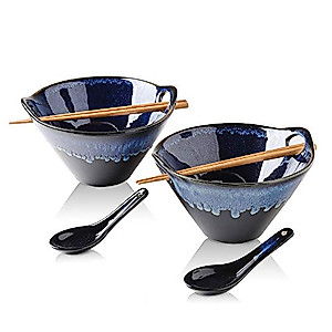 KOOV Porcelain Ramen Bowls and Spoons Set of 2 - Japanese Ramen Noodle Bowl with Chopsticks and Spoons, 26 Ounce Deep Pho Bowl, Reactive Glaze (Blue Galaxy)