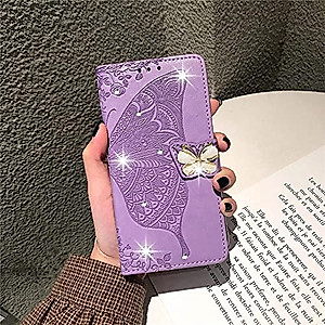 CCSmall for Oppo A17 Wallet Case for Women Girls, Shiny Butterfly Flower PU Leather Cover with Card Slot Holder Flip Phone Case for Oppo A17 Rhinestone Purple
