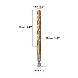 HARFINGTON 1/4" Hex Shank Drill Bit 8mm Titanium Drill Bits Set M35 High Speed Steel Twist Drill Bit 105mm Long Fully Ground for Wood, Stainless Steel, Metal, Plastic Plastic