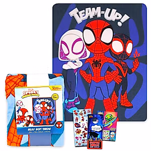 Spidey and Friends Throw Blanket for Toddlers - Spidey and Friends Blanket for Boys Bundle Includes 40" x 50" Spidey Throw Blanket Plus Create-A-Face Sticker Book, More | Spiderman Blanket for Boys