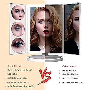 ZL ZELing LED Makeup Mirror with Lights, Trifold Vanity Mirror with 3X/5X/10X Magnification, Smart Touch Control, Dual Power Supply, Portable Cosmetic Mirror,Gift for Women