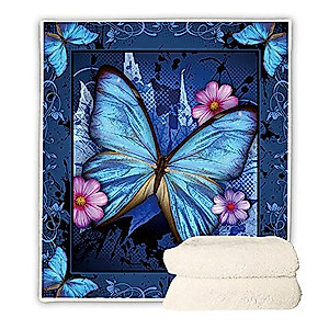 WGFAKJMO Butterfly Blanket Blue Butterfly Print Sherpa Fleece Blanket for Bed and Couch Warm Fuzzy Throw Blanket Cozy Throws Blankets for Butterfly Gifts for Women (Butterfly,51x59)