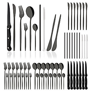 Uniturcky 62-Piece Black Flatware Set for 8 Stainless Steel Silverware Set with Steak Knives, Plus Reusable Metal Straws and Butter Knives, Party Tableware Cutlery Set, Mirror Polished