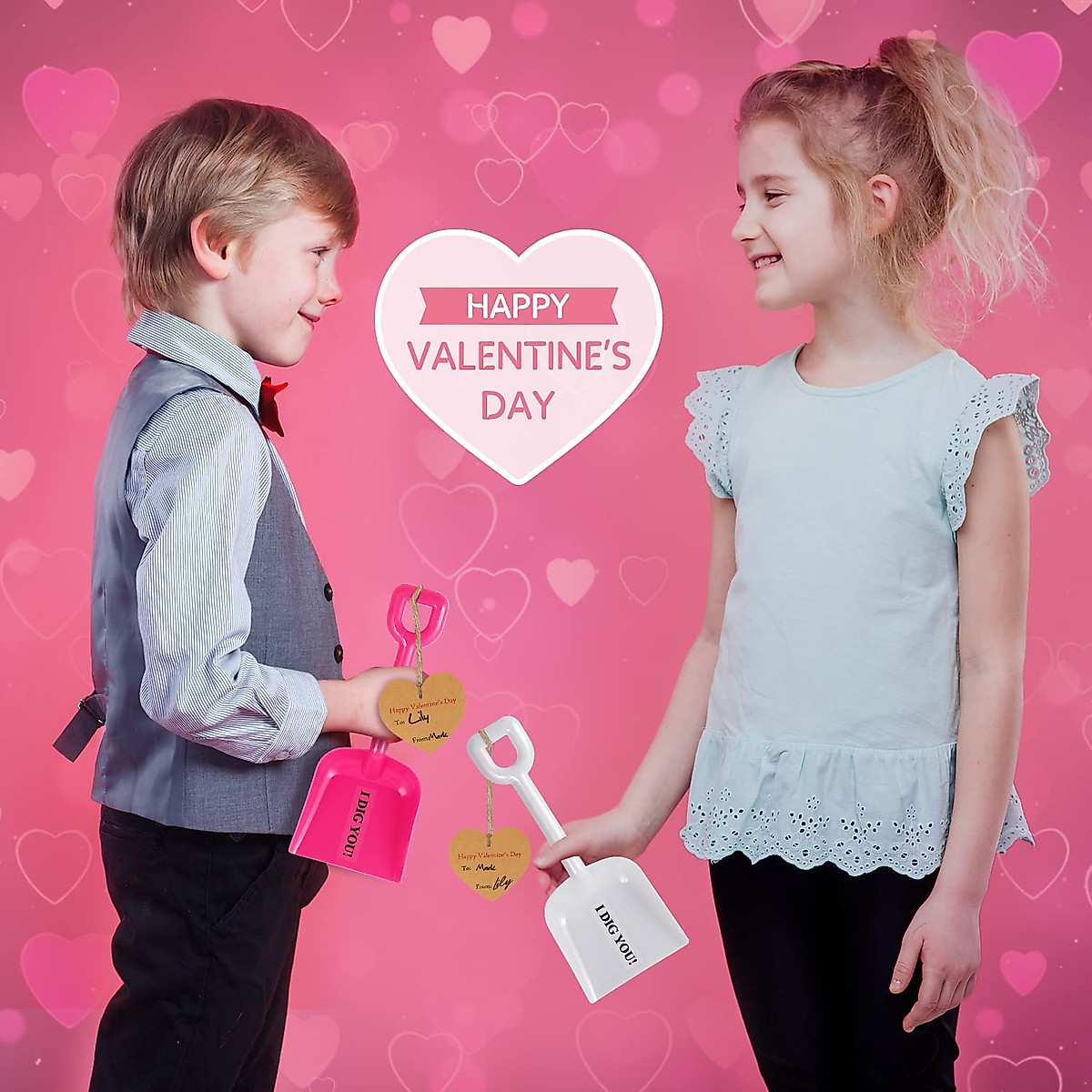 24 Pack Valentine's Greeting Cards With Plastic Toy Shovels,24 I Dig You Stickers,24 Ropes,24 Valentines Day Cards,Prizes For School Classroom,Kids Exchange Gifts,Party Favors,Kids Sand Shovels
