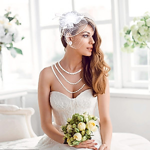 Yewong Fascinators Hat for Women Tea Party Headband Pillbox Kentucky Derby Hat Flower Cocktail Mesh Feathers Hair Clip Lace Gloves Pearl Necklace (White-1)