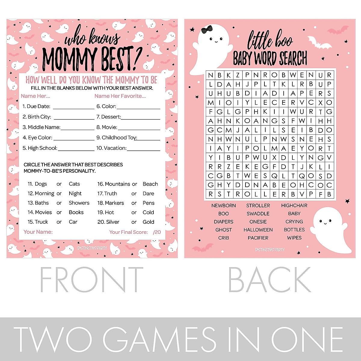 DISTINCTIVS Pink A Little Boo is Almost Due Girl Baby Shower Games - Who Knows Mommy Best and Word Search (2 Activity Game Bundle) - Set of 20 Player Cards, Halloween Baby Shower