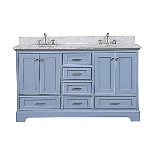 Kitchen Bath Collection Harper 60-inch Double Bathroom Vanity (Carrara/Powder Blue): Includes Powder Blue Cabinet with Authentic Italian Carrara Marble Countertop and White Ceramic Sinks