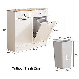 Vabches Trash Cabinet Double Trash Can, Dog Proof Tilt Out Trash Bin Holder, Hideaway Free Standing Recycling Cabinet with 2 Drawers for Kitchen Living Room White