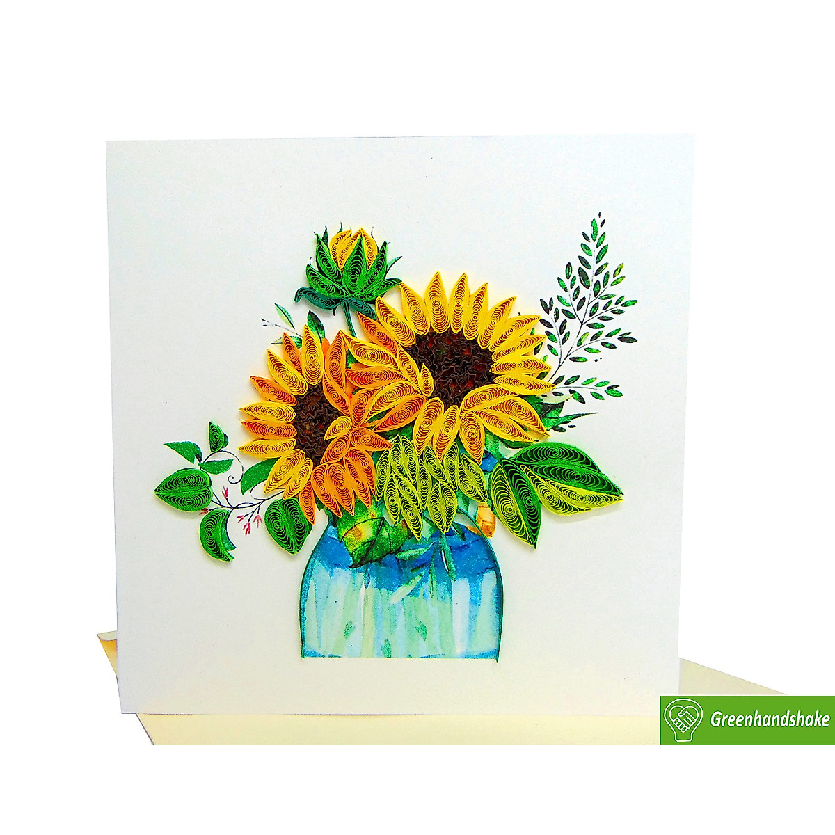 Sunflowers Arrangement in Vase, Quilled Card, Quilling Card 3D,Unique Dedicated Handmade, Design Greeting Card for Birthday, Valentine's Day, Mothers Day, Spring, Fathers Day, All Occasion,6"x6"