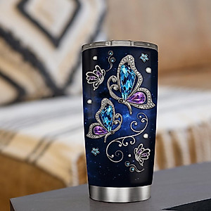 Wassmin Butterfly Tumbler Butterflies Gift For Women Girls Teen Jewelry Drawing Style Stainless Steel Insulated Tumblers Coffee Travel Mug 20oz Cup With Lid Birthday Christmas Presents