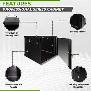 NavePoint 9U Server Rack Enclosure - 23.6” Deep, 9U Wall Mount Network Cabinet with Locking Glass Door for 19” IT Equipment, 9U Network Rack with 2 Fans, Removable Side Panels, Black