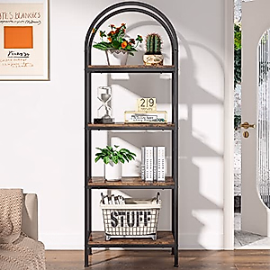 LITTLE TREE 4-Tier Arched Bookshelf, Tall Open Bookcase Storage Shelves, Wood Metal Freestanding Display Rack Tall Shelving Unit for Home Office, Bedroom, Living Room, Rustic Brown