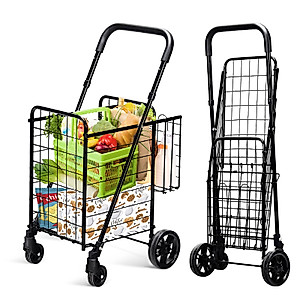 IRONMAX Grocery Shopping Cart, Foldable Heavy Duty Utility Cart w/Adjustable Handle, Extra Basket & 360° Rolling Swivel Wheels, Lightweight Trolley Cart for Grocery Laundry Luggage (Black)