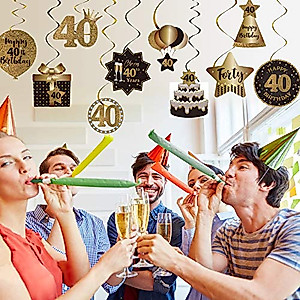 Happy 40th Birthday Party Hanging Swirls Streams Ceiling Decorations, Celebration 40 Foil Hanging Swirls with Cutouts for 40 Years Old Black and Gold Birthday Party Decorations Supplies