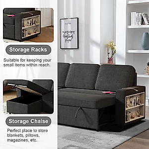 CAPCAEK 85.8" L-Shaped Couch Convertible with Storage Racks & USB Ports, Pull Out Sleeper Sofa Pull-Out Bed, 3 Seater Linen Fabric Convertible Corner Sofa&Couches for Living Room, Apartment (Black)