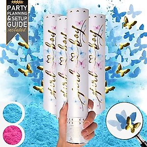 Gender Reveal Confetti Cannon - 4 Pack Butterfly Confetti Poppers | Gender Reveal Ideas | Gender Reveal Powder Cannon Blue, Color Reveal | Gender Reveal Powder Sticks, Blue Confetti | Gender Reveal Party Supplies | Gender Reveal Poppers | Poppers Confetti