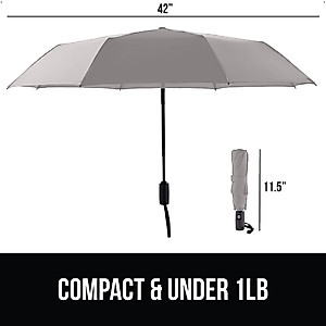 Gorilla Grip Windproof Compact Stick Umbrella for Rain, One-Click Automatic Open and Close, Strong Reinforced Fiberglass Ribs, Easily Collapsible, Lightweight Portable Umbrellas for Travel, Gray