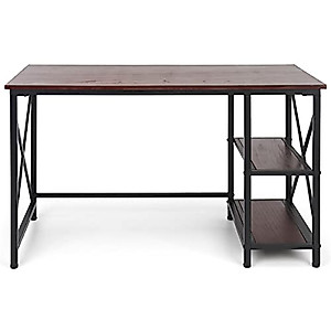 Displays2go Industrial-Style Desk, Two Shelves, Steel X Sides - Dark Wood Tone (FDXDESKBRN)