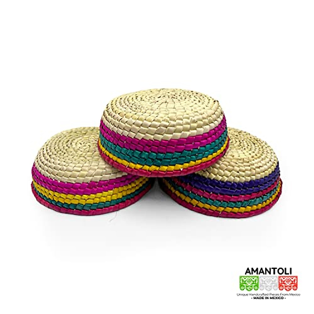 Amantoli - 3 Piece Mexican Handwoven Tortilla Basket Set - Large (8 inches) - Colorful | Tortilla | Pancake | Arepa| Warmer - Authentic Tortillero Set/Mexican Party - Décor