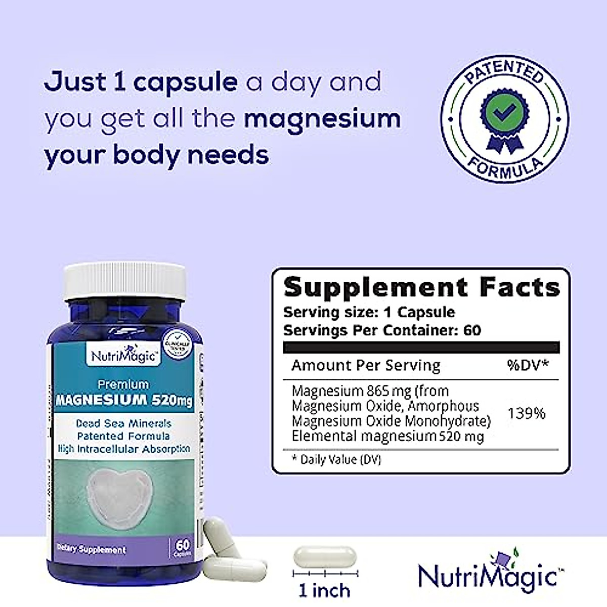 NutriMagic Elemental Magnesium 520mg Patented High Absorption, Natural Dead Sea Mineral Complex from Magnesium Oxide for Heart, Muscle, Bone, Brain Health Support, 1 Capsule Per Day, 60 Vegan Capsules