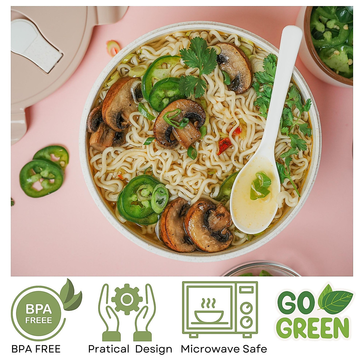 AI LOVE PEACE Microwave Instant Ramen Lunch Bowl Wheat Straw with Steam Release Vent Airtight Clip Lock Container,Microwave Safe ramen bowl with chopsticks for Working Adults, and Families