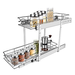 Sikarou Pull Out Cabinet Organizer 9" W x 21" D 2-Tier Individual Slide Out Drawer Pantry Shelf Storage for Kitchen Base Cabinet Organization ​for Kitchen, Bathroom, Pantry, Chrome