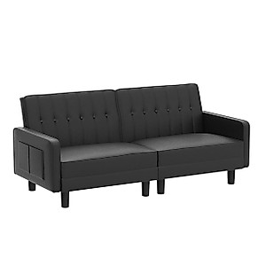 SAMERY Futon Sofa Bed Couch and Sleeper Sofas for Living Room, Faux Leather Convertible Folding Sofa Bed Couch and Loveseat for Small Space with Side Pockets Armrest and Sturdy Legs (Black)