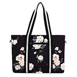 MOSISO Laptop Tote Bag for Women (17-17.3 inch), Canvas Camellia Multifunctional Work Travel Shopping Duffel Carrying Shoulder Handbag, Black