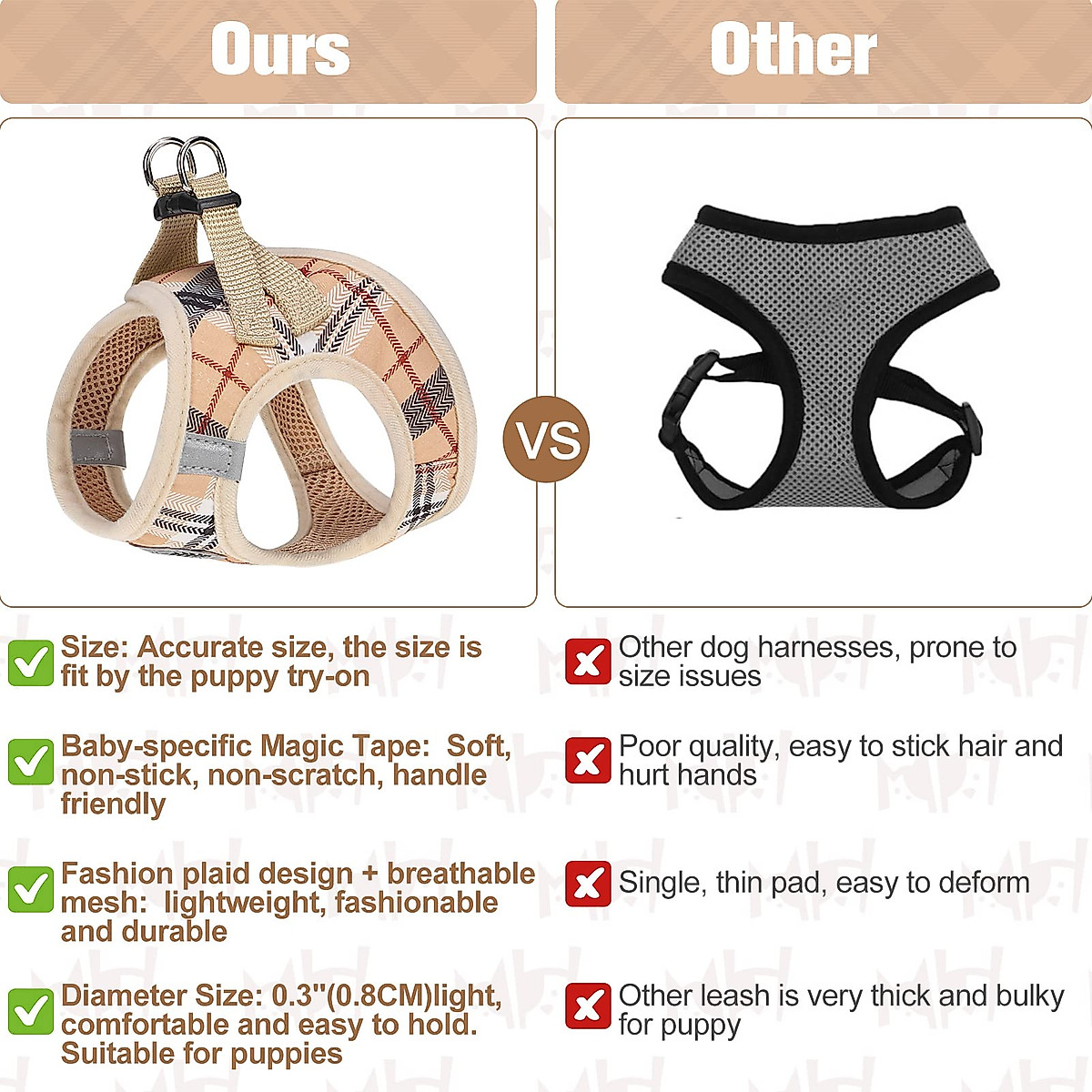 BEAUTYZOO Small Dog Harness and Leash Set,Step in No Chock No Pull Soft Mesh Dog Harnesses Reflective for Extra-Small/Small Medium Puppy Dogs and Cats, Plaid Dog Vest Harness for XS S Pets, Beige XS