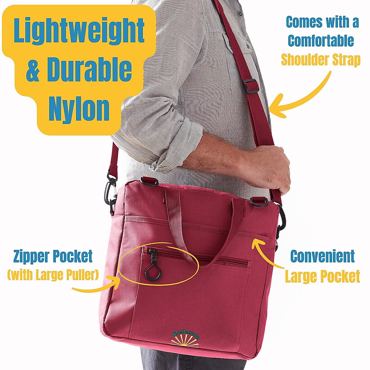 Rollatote Go-Getter Lightweight Nylon, Easy Hook On & Off Messenger Bag for Walkers, Rollators, Wheelchairs, Scooters, Bottle Holder, Soft-Lined Glasses Pocket, Padded Interior (Cranberry)