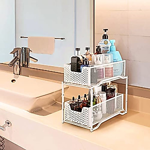 2 Pack Stackable 2-Tier Metal Under Sink Cabinet Organizer with Sliding Storage Drawers with Hooks and LED Strip Lights,White