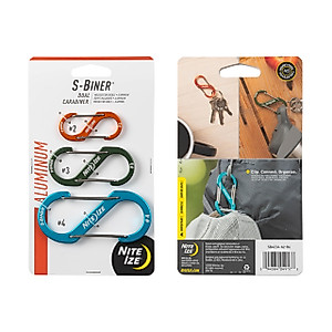 Nite Ize Dual Carabiner - Multiple S-Biner Sizes for Keys & Gear - Aluminum S-Biners for Car Keys, Keychains, & Camping Accessories - Size 2, Orange/Olive/Blue (3 Pack)