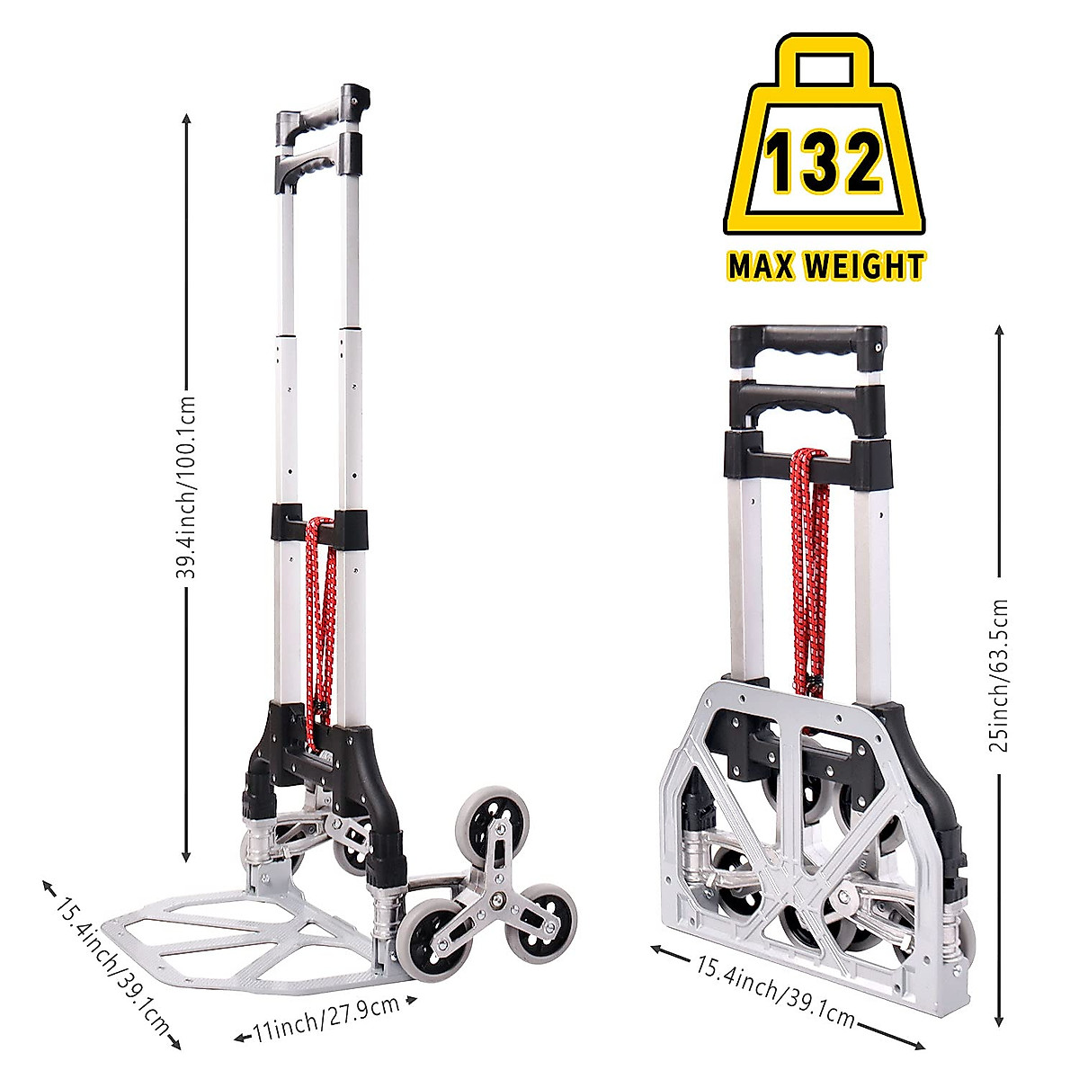 Stair Climbing Cart, Folding Hand Truck, Aluminum Alloy Luggage Moving Trolley Cart Heavy Duty with Bungee Cord, Grocery Shopping Cart with TPR Wheels and Telescoping Handle Outdoor Office