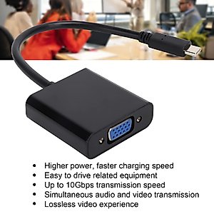 ASHATA 753 USBC to VGA Adapter, USB 3.1 Type‑C to VGA HD 1080P Video Adapter, 10Gbps Type‑C to VGA Converter Compatible with Laptop, Tablet