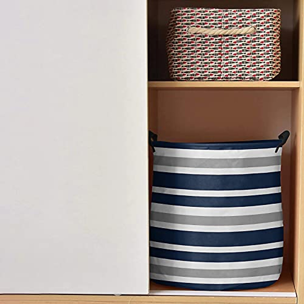 Laundry Basket Striped,Waterproof Collapsible Clothes Hamper Navy Blue Gray and White Stripe,Large Storage Bag for Bedroom Bathroom 16.5x17In