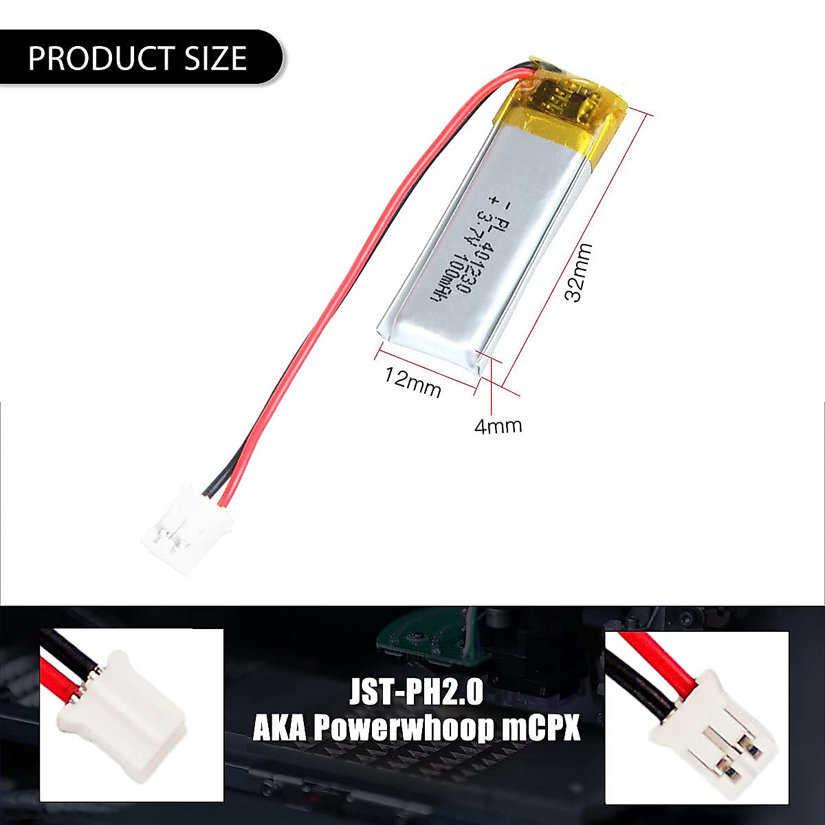 AKZYTUE 3.7V 100mAh 401230 Lipo battery Rechargeable Lithium Polymer ion Battery Pack with PH2.0mm JST Connector