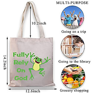 BDPWSS Frog Canvas Tote Bag Frog Lover Gift Crazy Frog Lady Gift Fully Rely On God Frog Christian Bag (Rely Frog TG)
