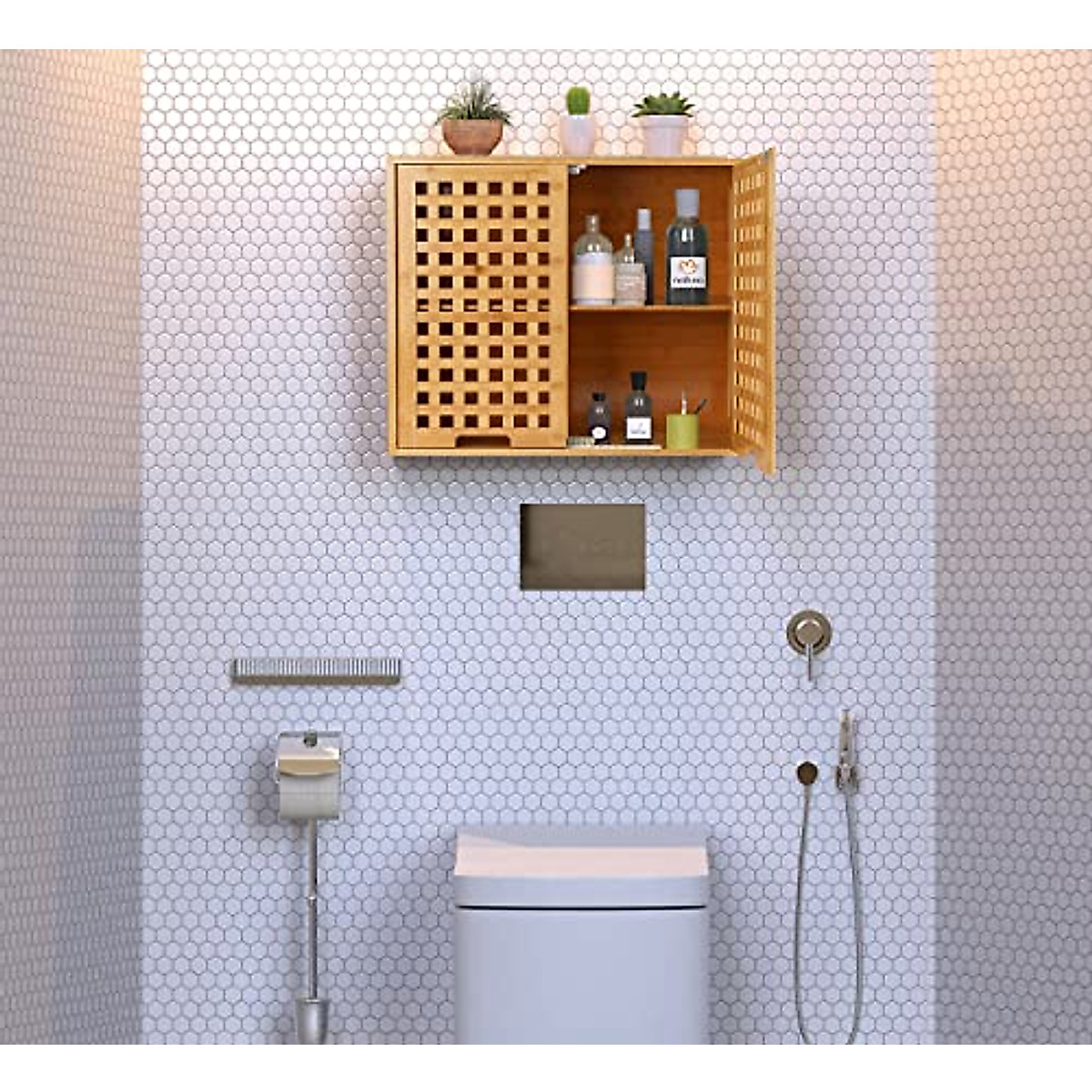 Bathroom Wall Cabinet Wall Mounted Organizer, Medicine Cabinet, Over The Toilet Storage, Bamboo Medicine Cabinets with Doors and Shelves, Wall Storage for Bathroom Kitchen Living Room (New Version)