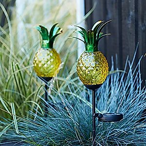 Lights4fun, Inc. Set of 2 Glass Pineapple Solar Powered LED Outdoor Waterproof Garden Pathway Landscape Lights