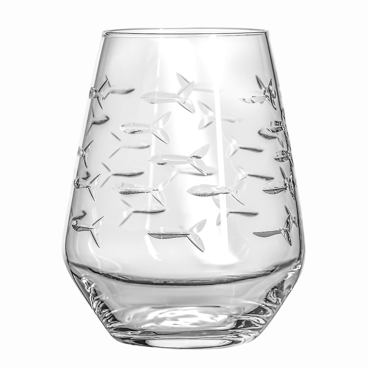 Rolf Glass | School of Fish Stemless Tumbler | 18oz Stemless Wine Glasses | Lead-Free Glass | Engraved and polished in Pennsylvania | US made (Set of 2)