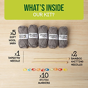 Creative Nation Knitting Kit for Beginners Adults - Complete Knit Kit with Full Color Instruction Booklet, Soft Yarn, Knitting Needles, Yarn Needle, Stitch Markers (Multi-Creative Kit, Gray)