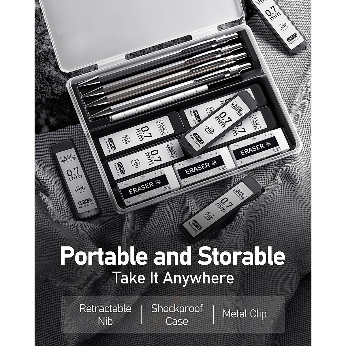 Four Candies 0.7mm Mechanical Pencil Set with Case - 4PCS Metal Mechanical Pencils, 6 Tubes HB #2 Lead Refills, 3PCS 4B Erasers and 9PCS Eraser Refills, Lead Mechanical Pencils for Writing & Drawing