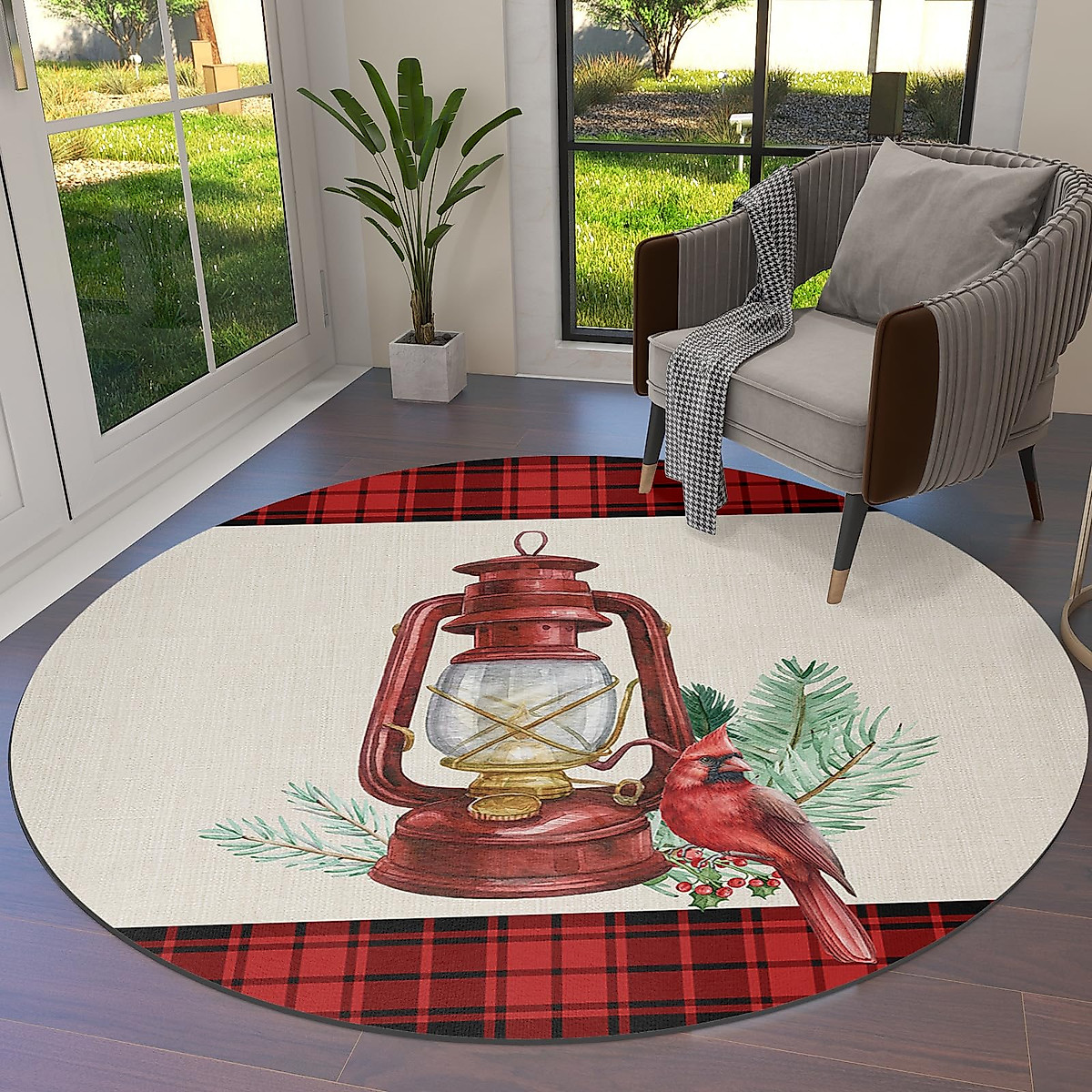 Christmas Bird Area Rug Carpet for Kids Teen Girls Boys Bedroom, Living Room, Washable Outdoor Indoor Accent Throw Runner Floor Mat Area+Rug Retro Red Buffalo Plaid Lattice 3.3FT(Round)