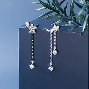 Reffeer Solid 925 Sterling Silver Asymmetric Moon Star Dangle Earring for Women Teen Girls CZ Drop Earrings Tassel Chain