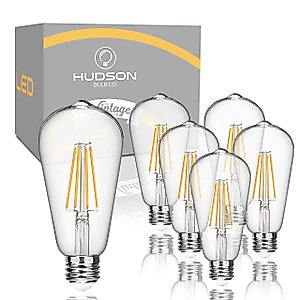 HUDSON BULB CO. Vintage Edison LED Light Bulbs 6W (6 Pack), Soft White, Non-Dimmable, E26/E27 Base, ST58 Style, 60 Watt Equivalent