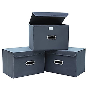SEVENDOME Linen Fabric Foldable Collapsible Storage Cube Bin Organizer Basket with Lid, Leather Handles, Removable Divider for Home, Closet (Grey, 3Pcs)